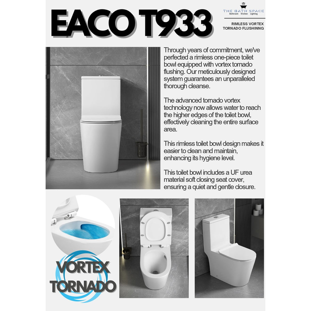 EACO One Piece Water Closet Rimless Tornada Flushing T933 – Haus Square Pte Ltd