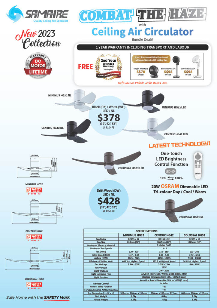 SAMAIRE Hugger Ceiling Fan With Light HG32/HG42/HG52 – Haus Square Pte Ltd