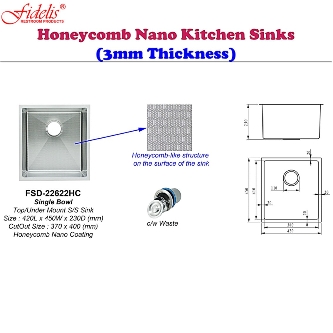 FIDELIS Honeycomb Nano Single Bowl Kitchen Sink L420/L600/L680/L760 ...